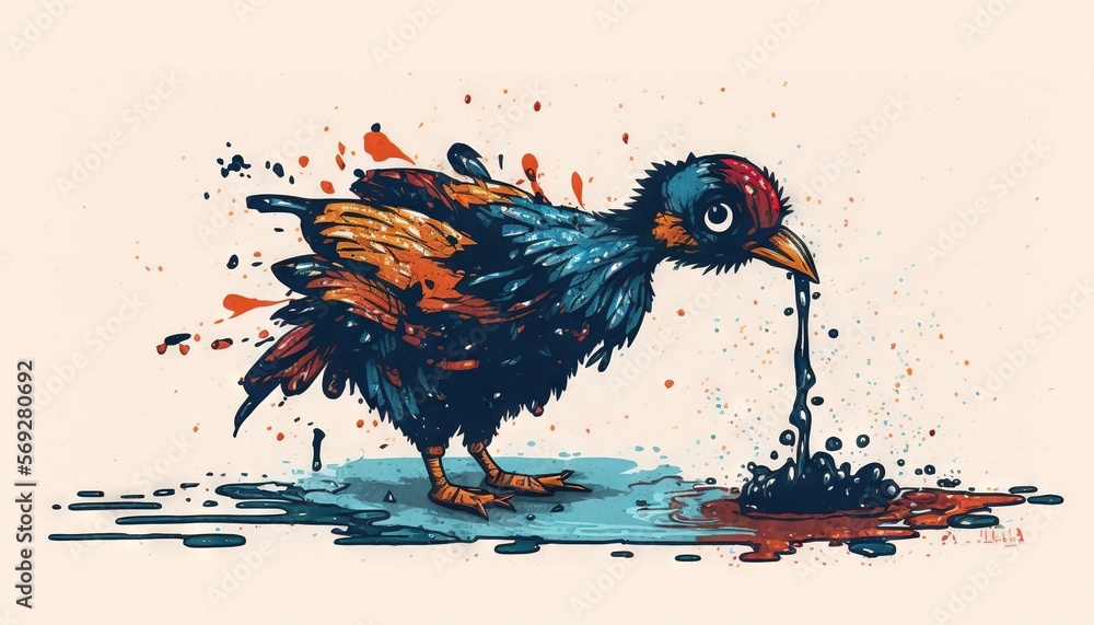 a painting of a chicken standing in a puddle of water with a bloody leg ...
