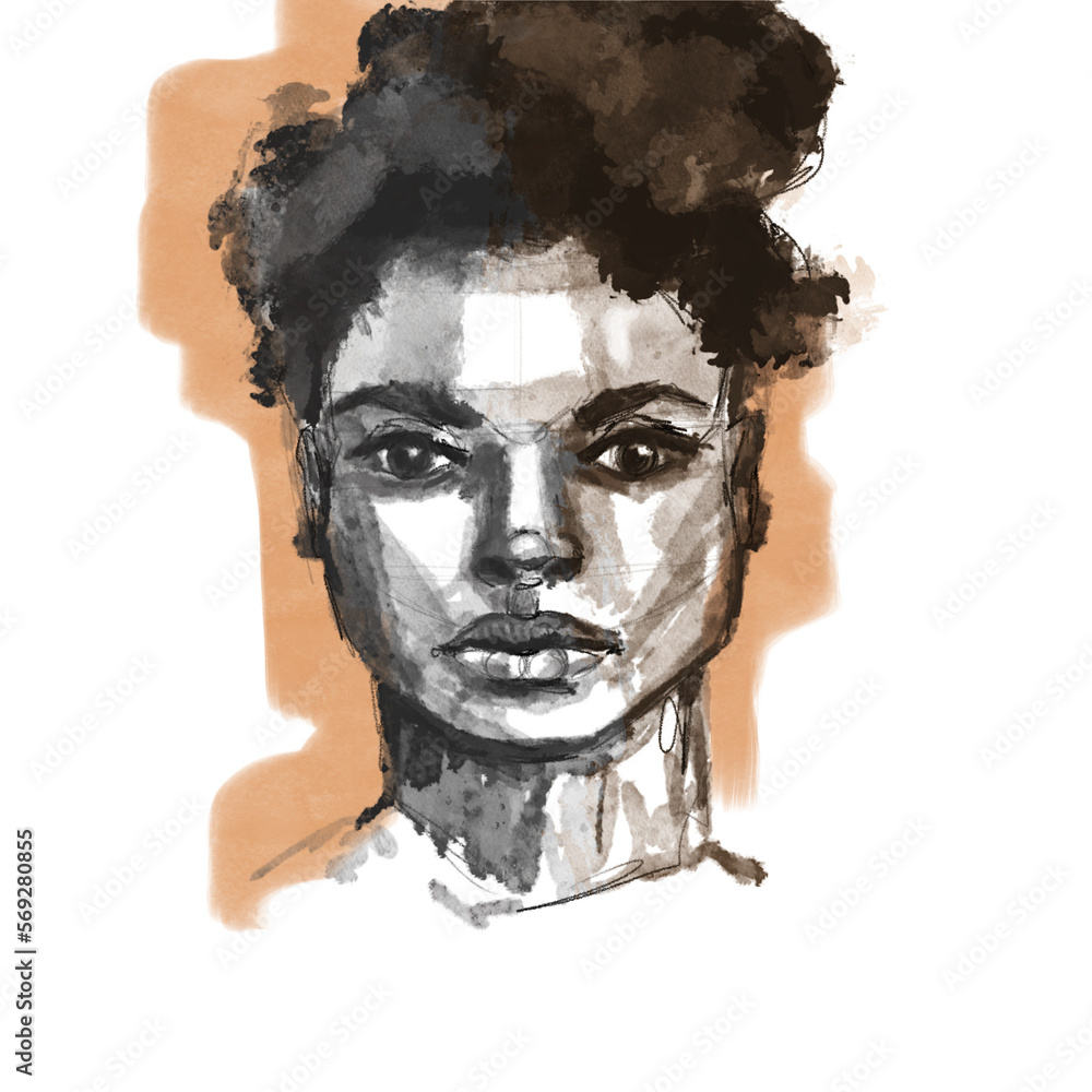 Serious woman sketch black and white drawing with line on eyes. The ...