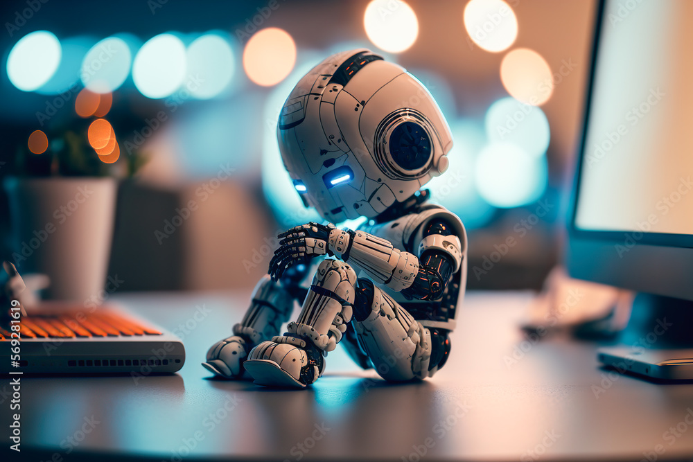 Cute tiny robot thinking on a room. Robotic character sitting on a desk ...