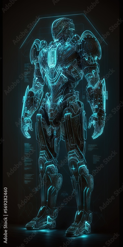 a futuristic robot standing in front of a dark background with blue ...