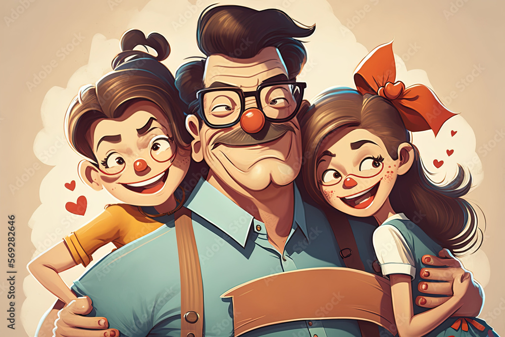 Lustige Karikatur Vater mit seinen Töchtern, Vatertag, Generative AI ...