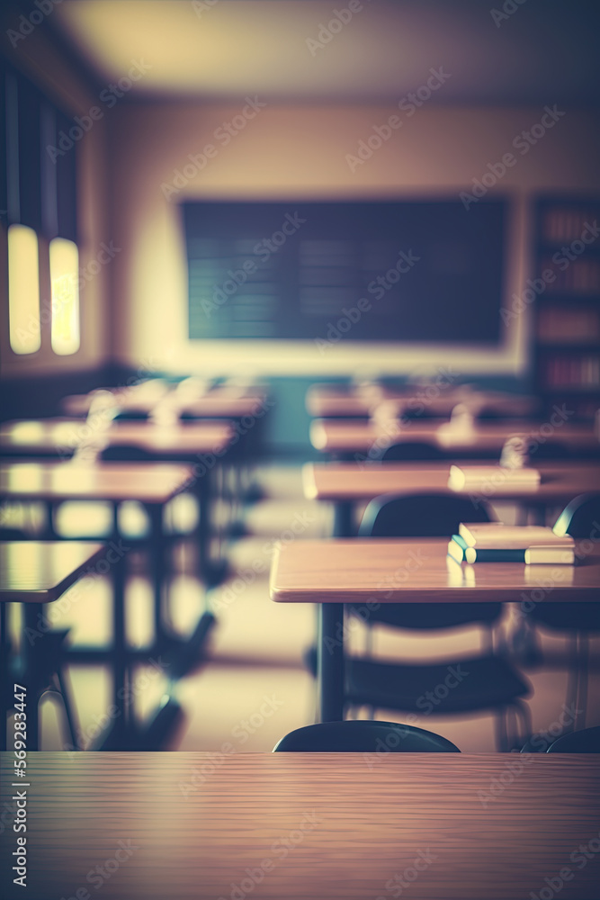 Empty defocused university classroom. generative ai. Business conference room. Blurred school ...