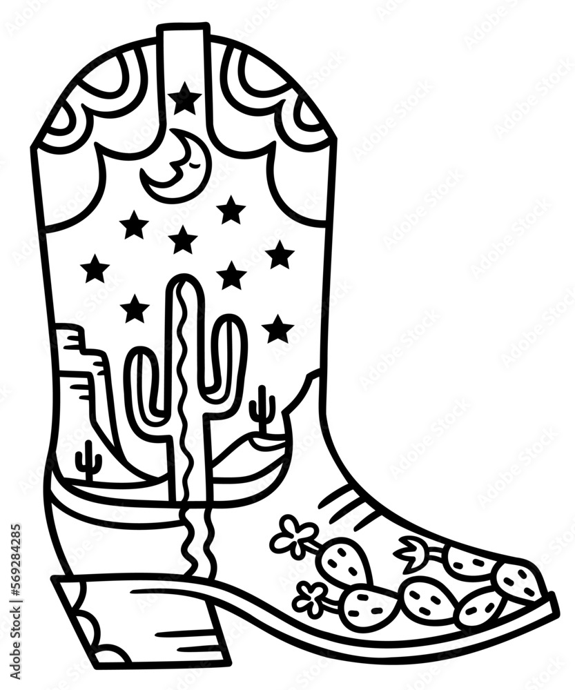 Cowboy boot cactus and stars decoration. Vector hand drawn illustration ...