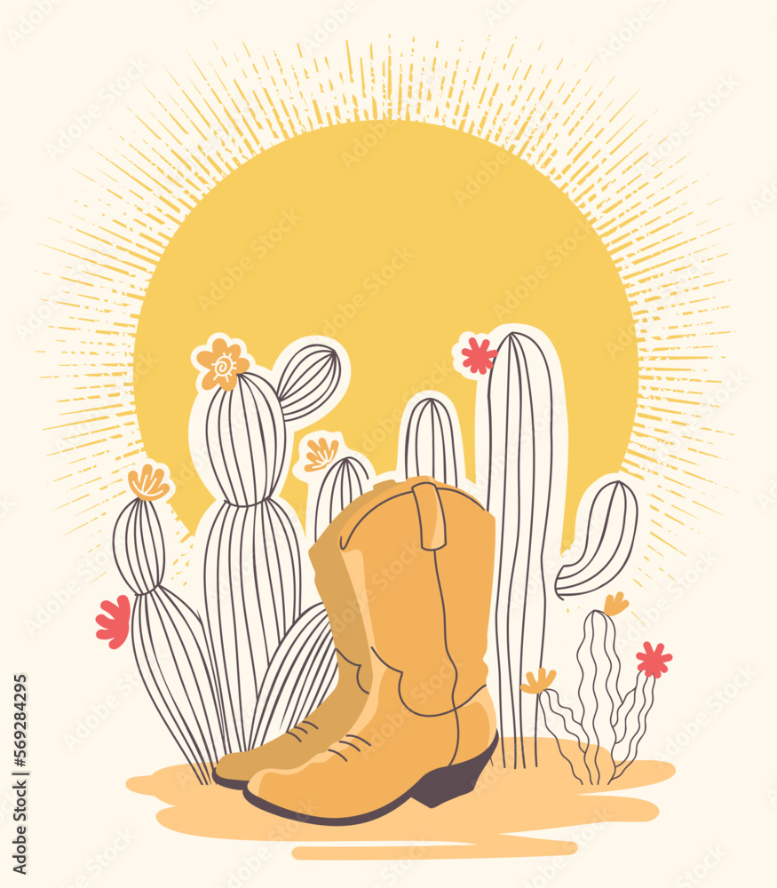 Cowboy boots and cactuses on American desert Countryside with yellow ...