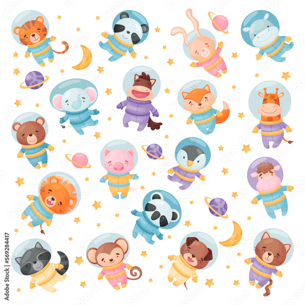 Set of cute funny baby animal astronauts floating in space. Adorable ...