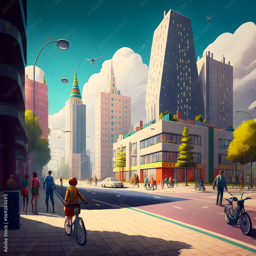 ultra realistic an urban boulevard open spaces walkable city colourful ...