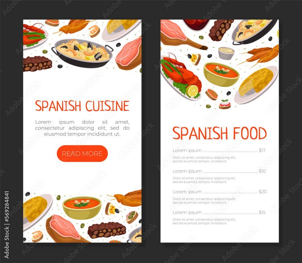 Vetor de Spanish food menu template set. Delicious traditional dishes ...