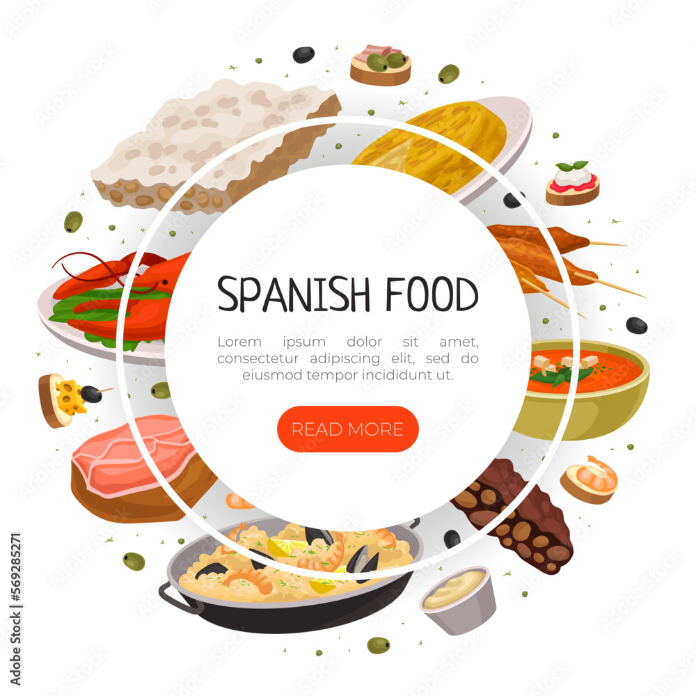 Spanish food web banner. Delicious traditional dishes of Spain landing ...