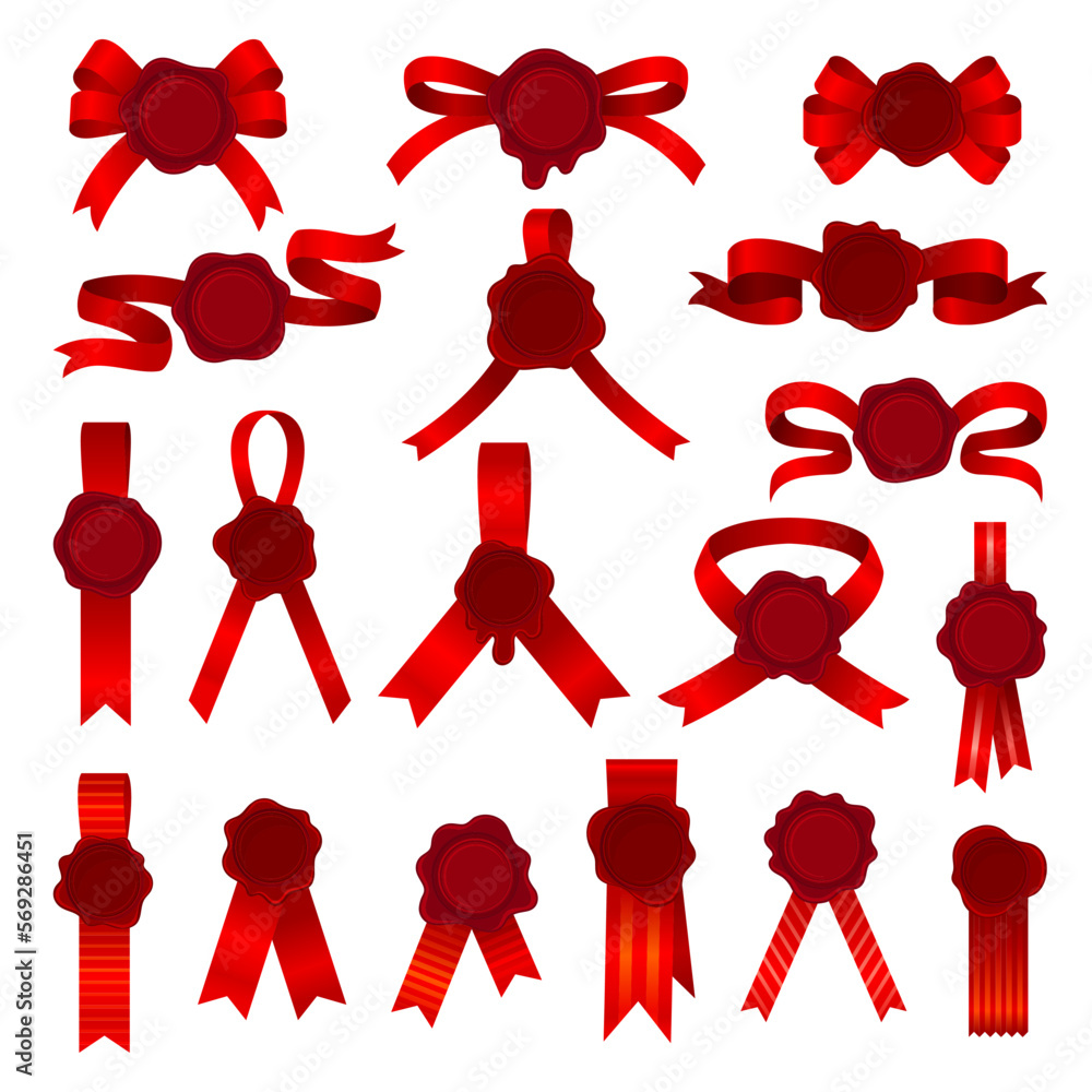 Red seal with ribbons set. Vintage decoration design element for ...