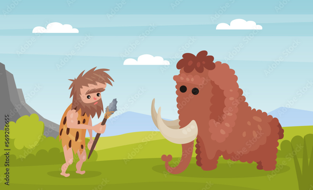 Vetor de Prehistoric man dressed in animal skin fighting with mammoth ...
