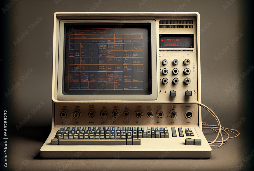 Vintage monitor with schemes on screen and keyboard ilustração do Stock ...