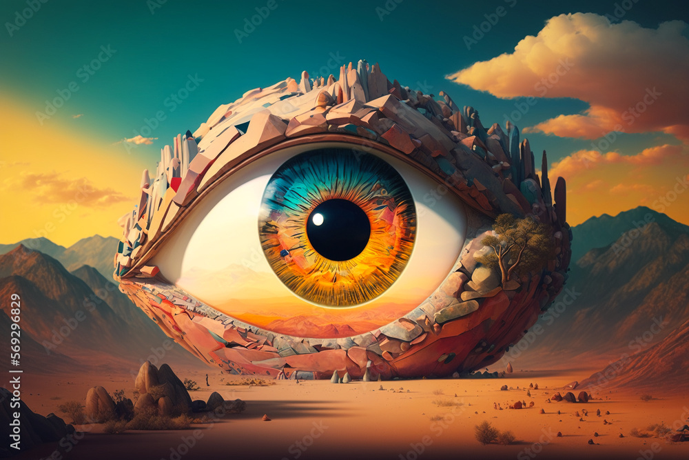 abstract painting of the all seeing eye of the world in a desert ...