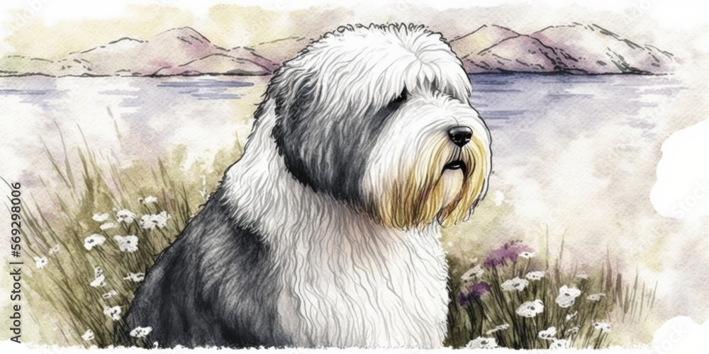 Old English Sheepdog. Watercolor painting.Generative AI art. Stock ...