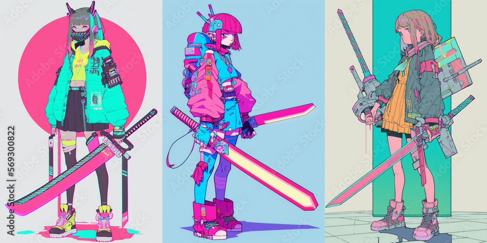 Portrait of anime cyber girls with huge light sword. Illustration in ...
