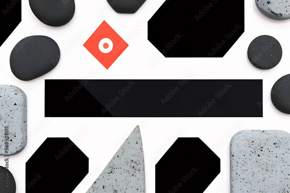 2d shapes and stones on white surface/background, flat lay composition ...