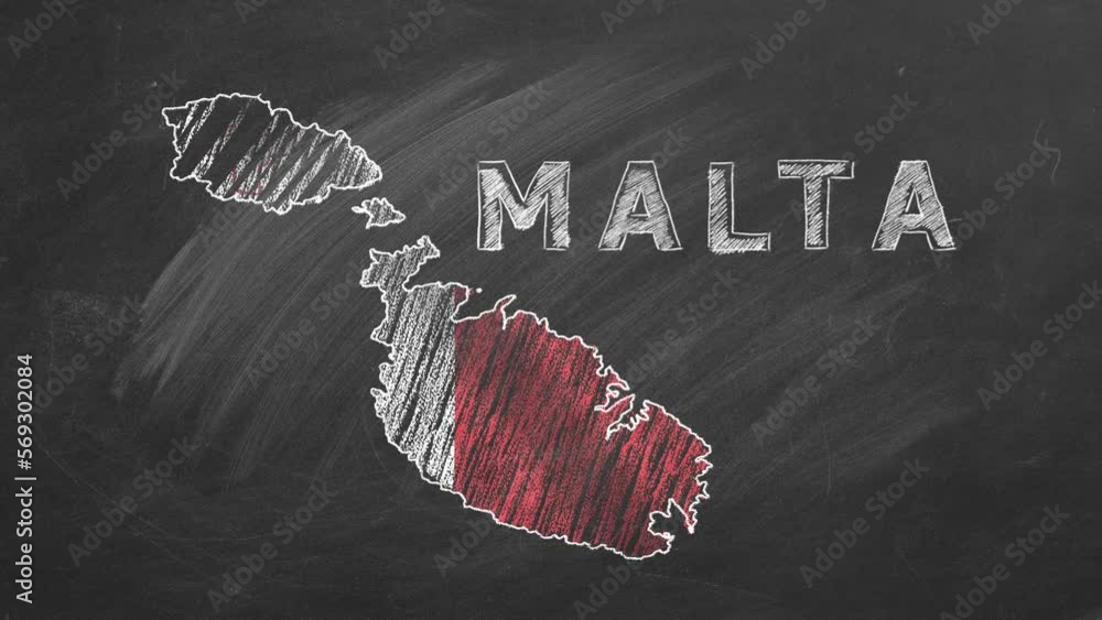 Map of Malta with name and flag inside drawn in chalk on a blackboard ...