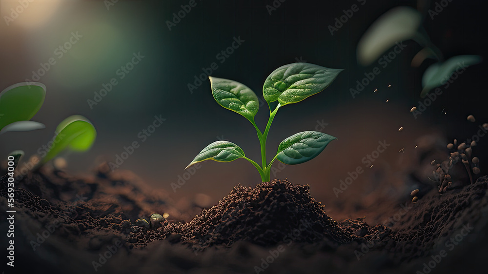 Plant growth on agriculture ground against a blurred bokeh soft green ...