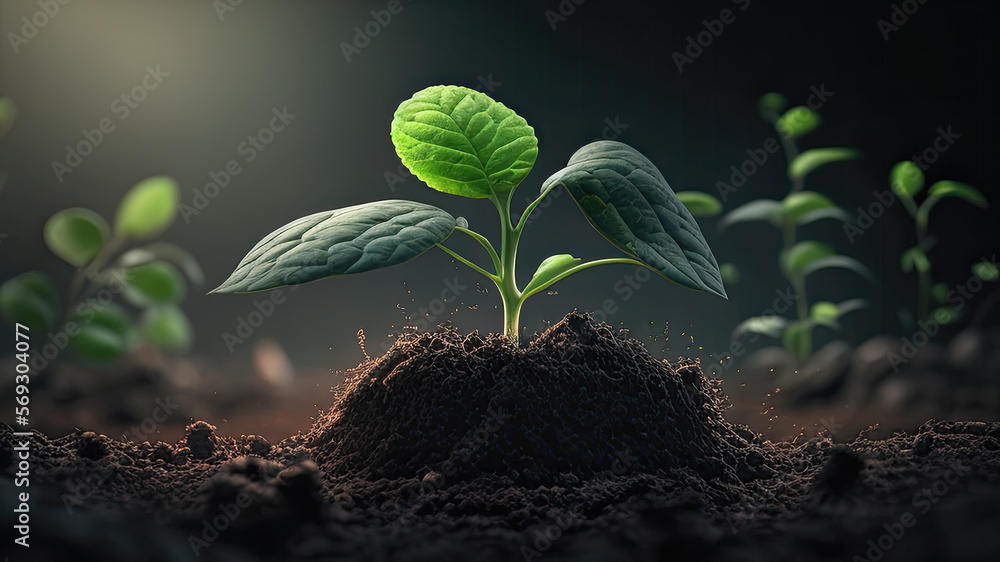 Growing plant, Young plant with ground backdrop and dawn light, Modern ...