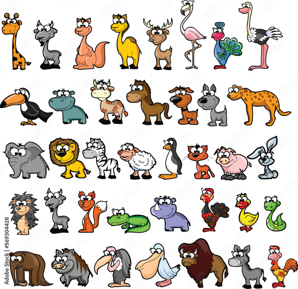 Big collection of cute cartoon animals,birds and sea creatures of the ...