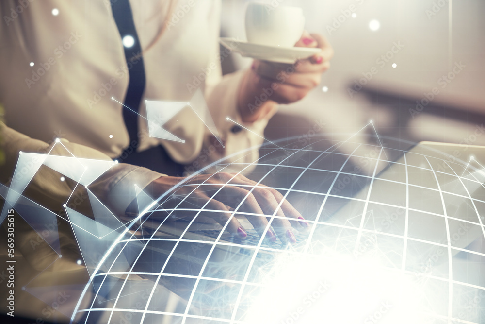 Double exposure of woman hands working on computer and world map ...