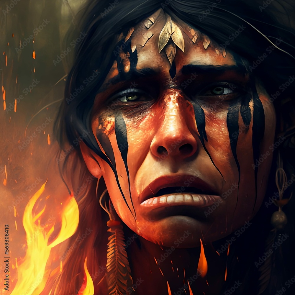 Fotografía digital art of an Amazonian Indian crying, with a burning ...