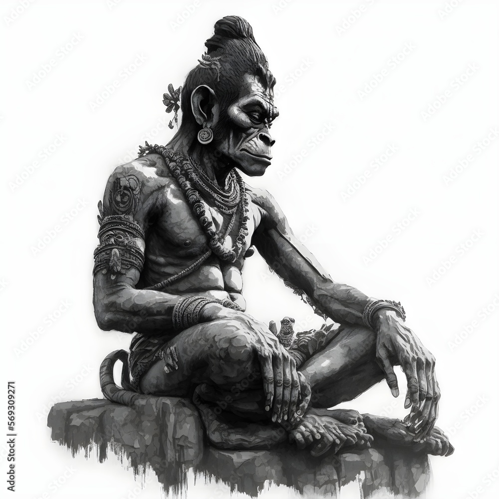 Hanumn the tattooed monkey god distant view charcoal drawing texture ...