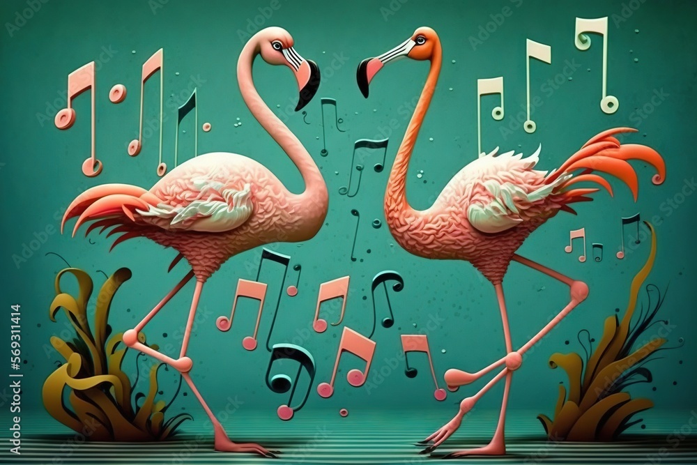 two flamingos are dancing in front of musical notes and music notes on ...