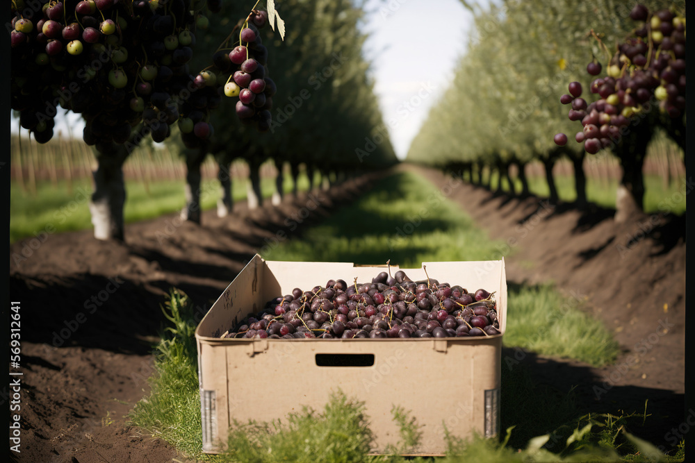 cherry picking in the orchard. boxes of recently picked cherries from ...