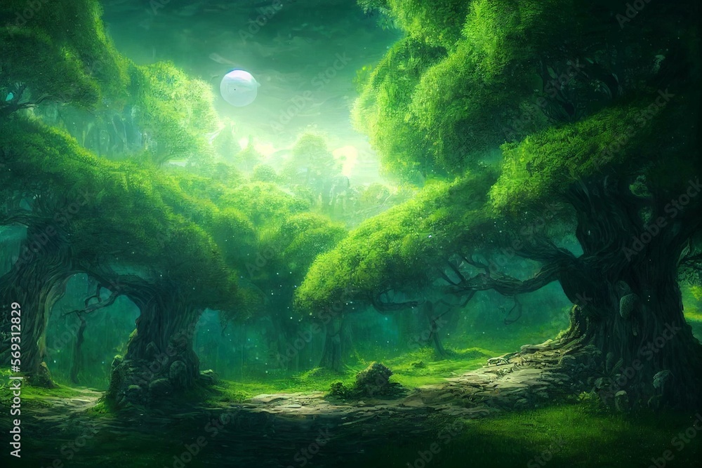 Fantasy drawing of imaginary universe. Old trees, adventure setting ...