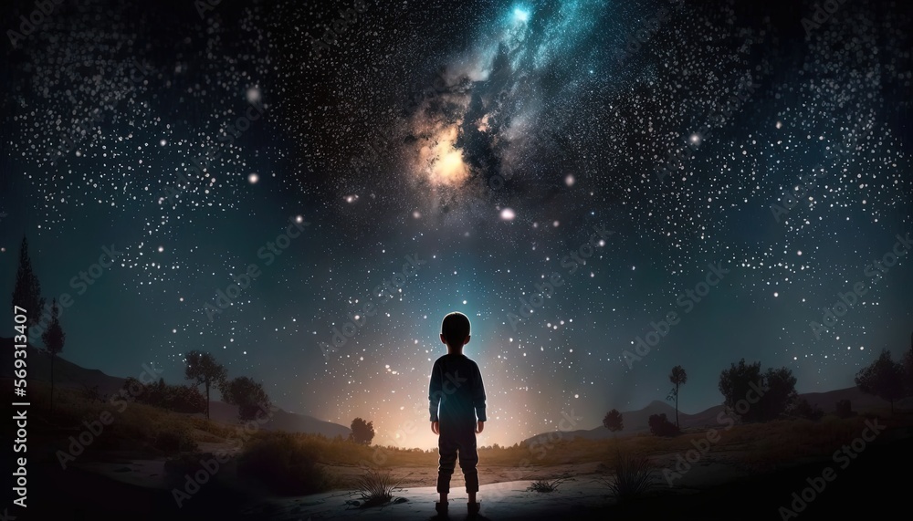 Poster illustration of a boy looking at night starry sky with glitter ...