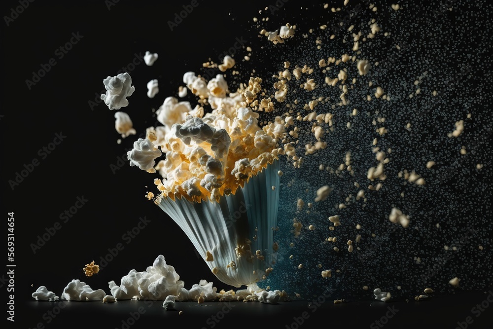 a popcorn bucket with popcorn spilled out of it on a black background ...