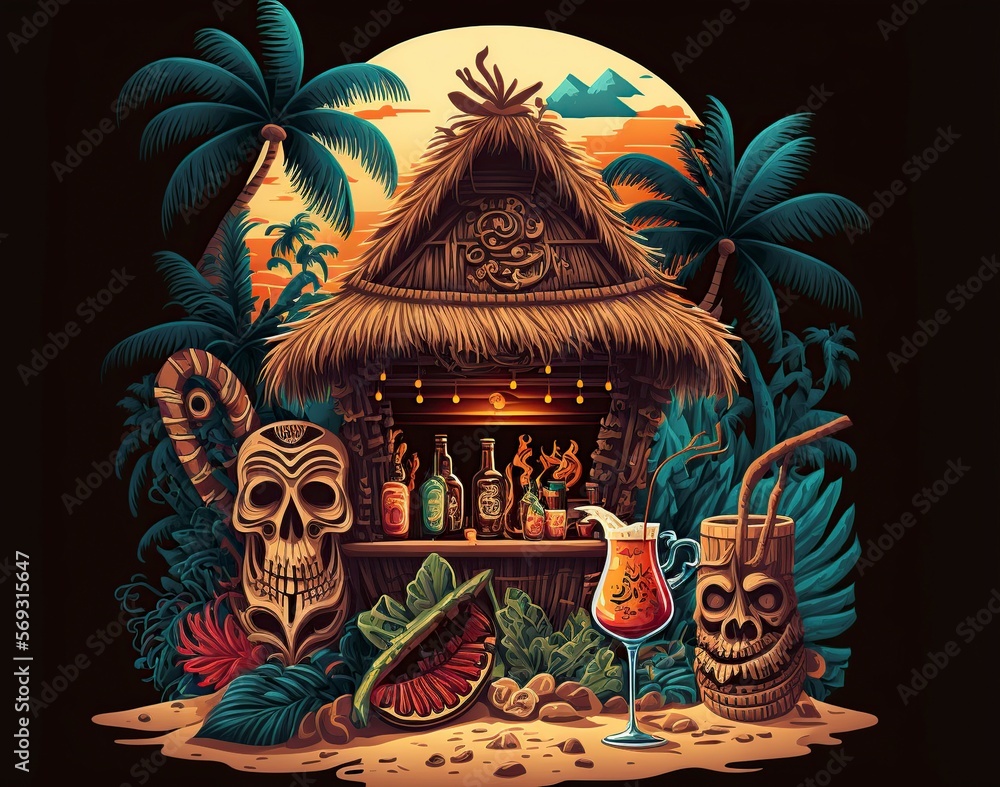 cartoon illustration, wooden tiki bar hut with tribal drinks and snacks ...