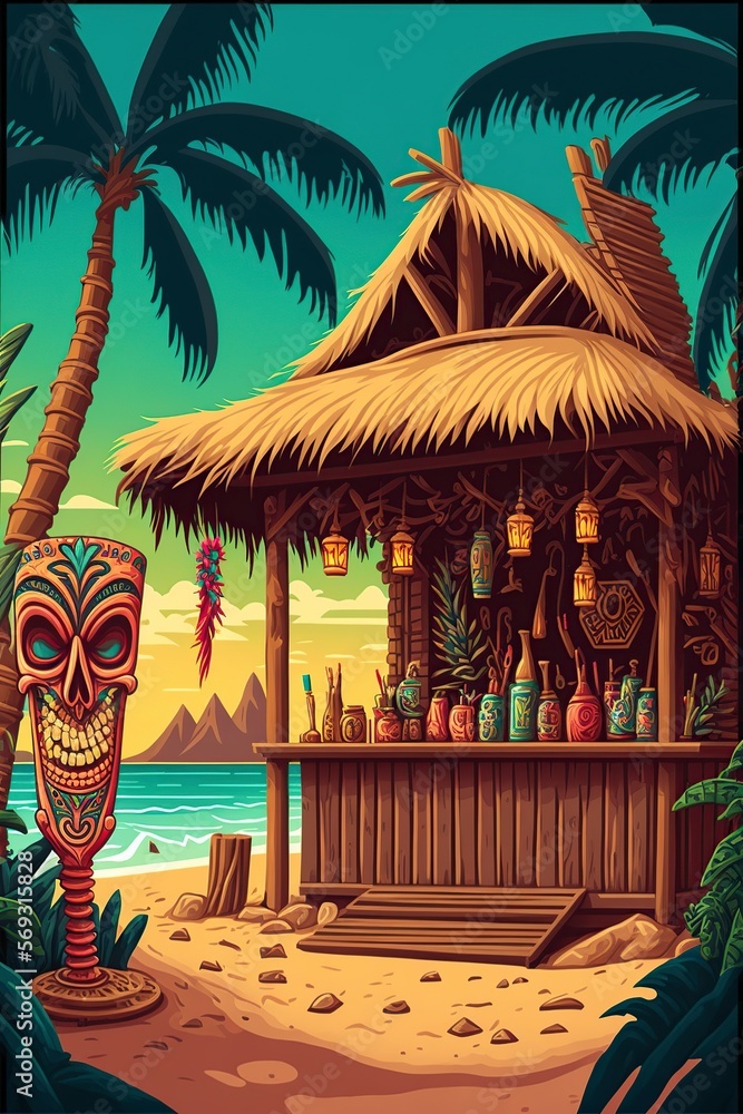 cartoon illustration, wooden tiki bar hut with tribal drinks and snacks ...