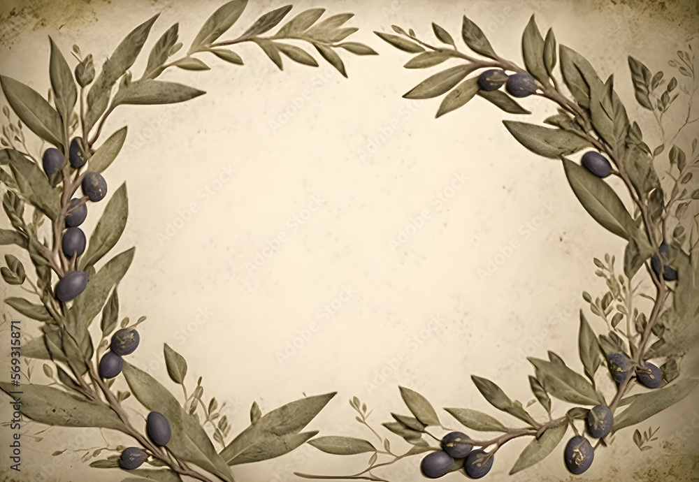Vintage olive branch border empty frame copy space, background for ...