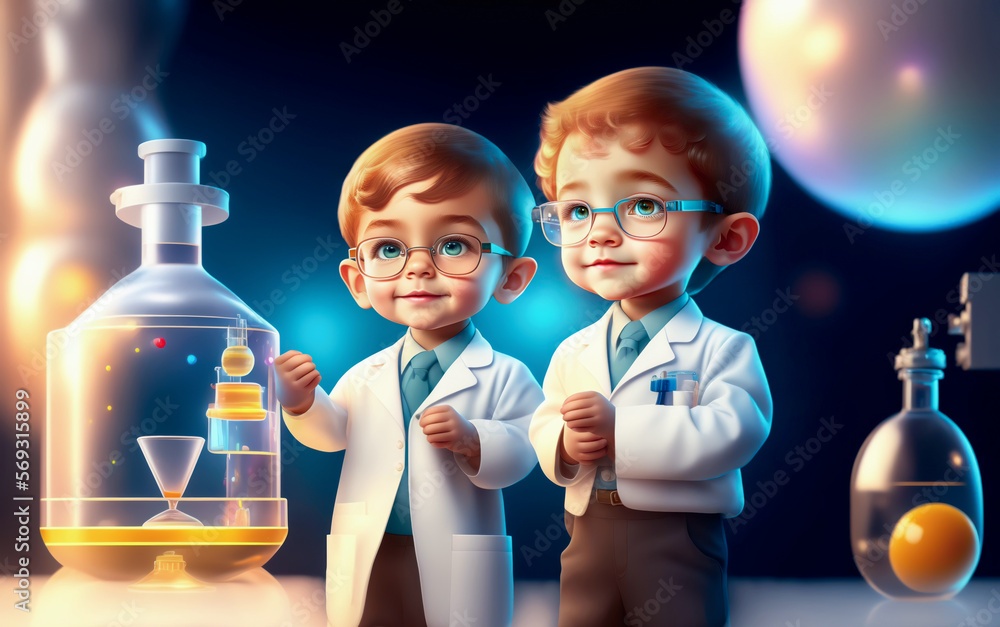 character Little Boys with with lab coat experimenting at science ...