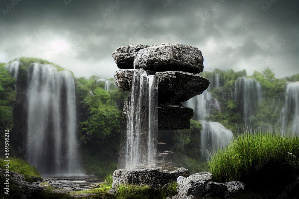 Stone podium in the jungle forest illustration, waterfall and river ...