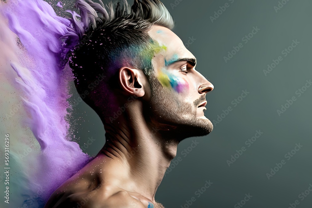 Handsome Stunning Man with Colorful Airbrush Paint Face - Realistic ...