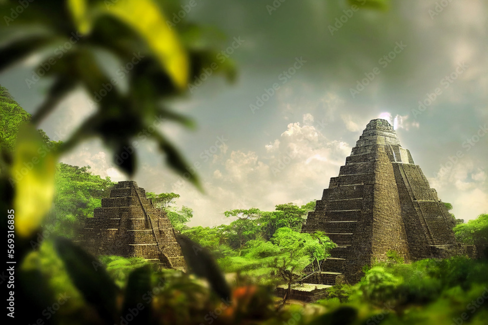 Mayan pyramid in jungle forest illustration, ancient civilization stone ...