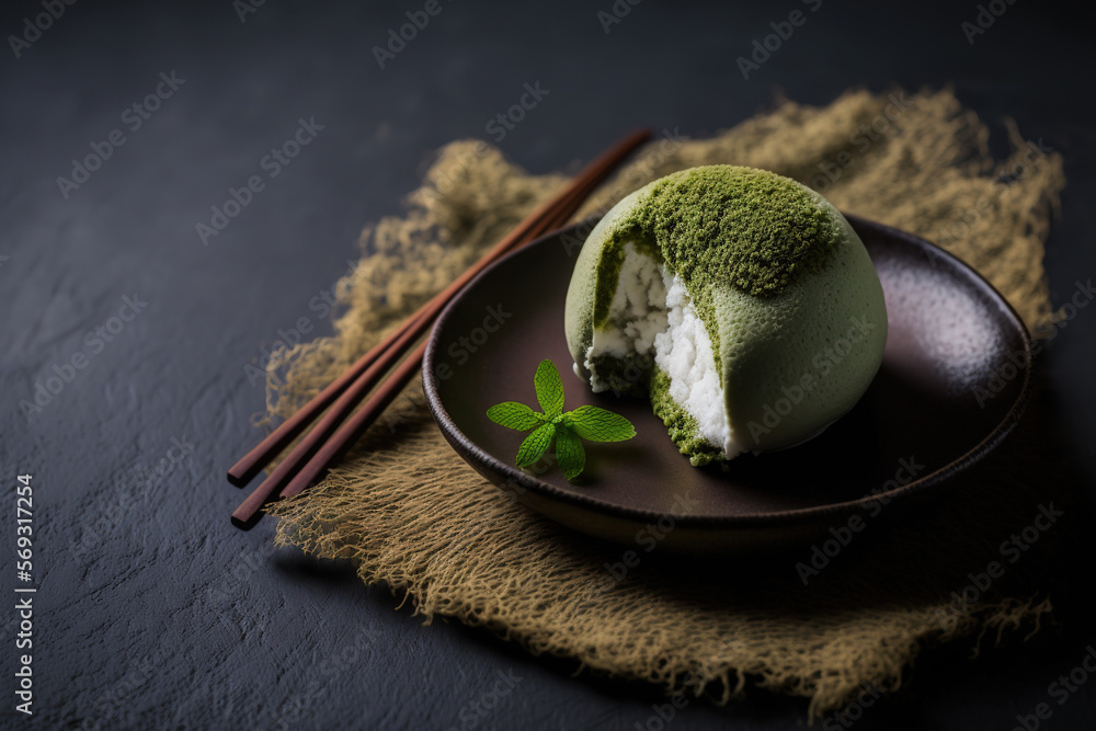 Japanese matcha mochi rice cake with a dark green background ...