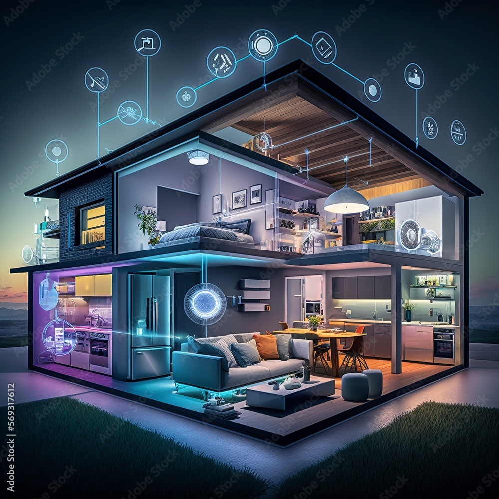 A modern smart home, filled with advanced-edge devices, sensors, and ...