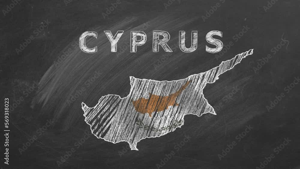 Map of Cyprus with name and flag inside drawn in chalk on a blackboard ...