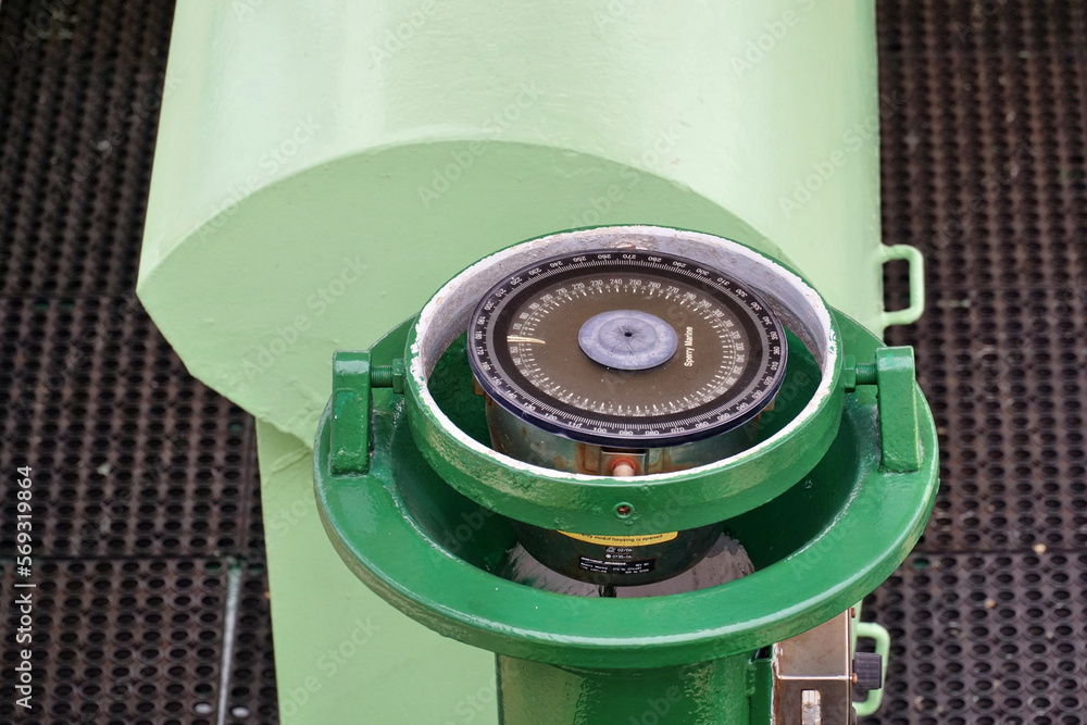 Aerial view on manoeuvring bridge console of the merchant vessel with ...