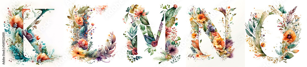 Alphabet, floral set letters with watercolor painting flowers roses and ...
