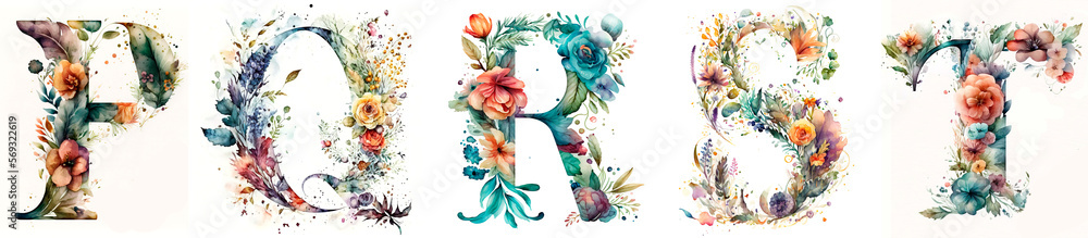 Alphabet, floral set letters with watercolor painting flowers roses and ...