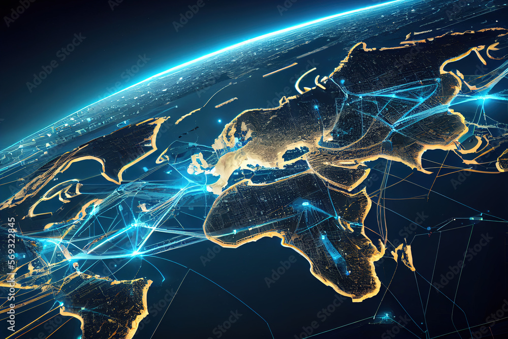 Digital background view of the earth from space. light lines connecting ...