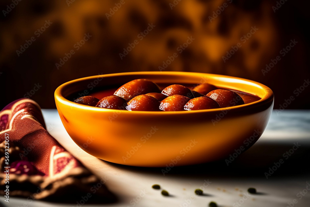 Indian and Pakistani sweet food gulab jamun served in a round ceramic ...