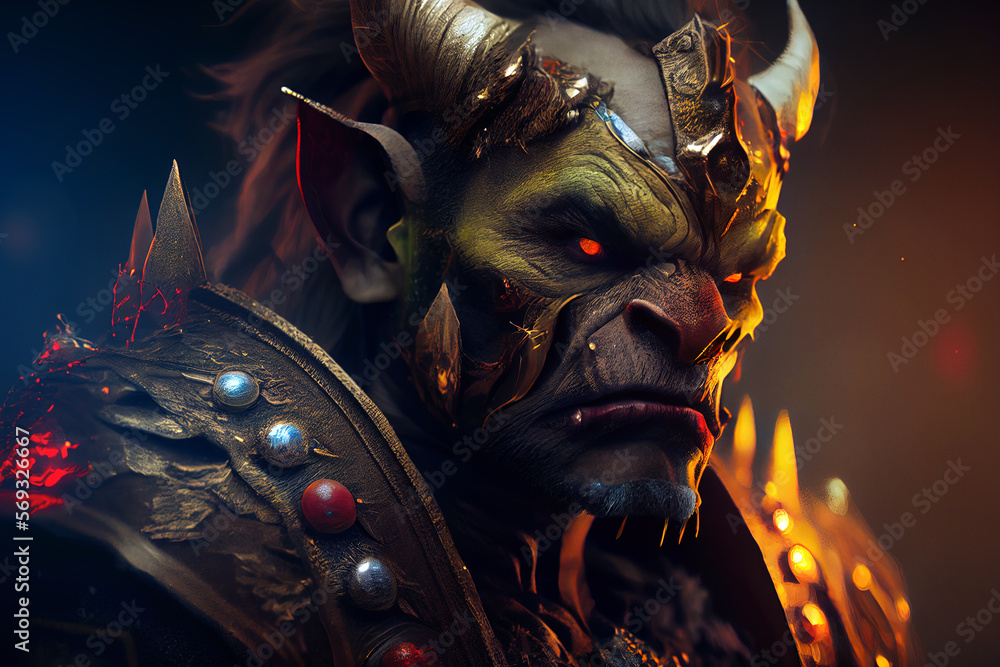 Angry orc warrior with tusks in armour portrait. Cinematic lights ...