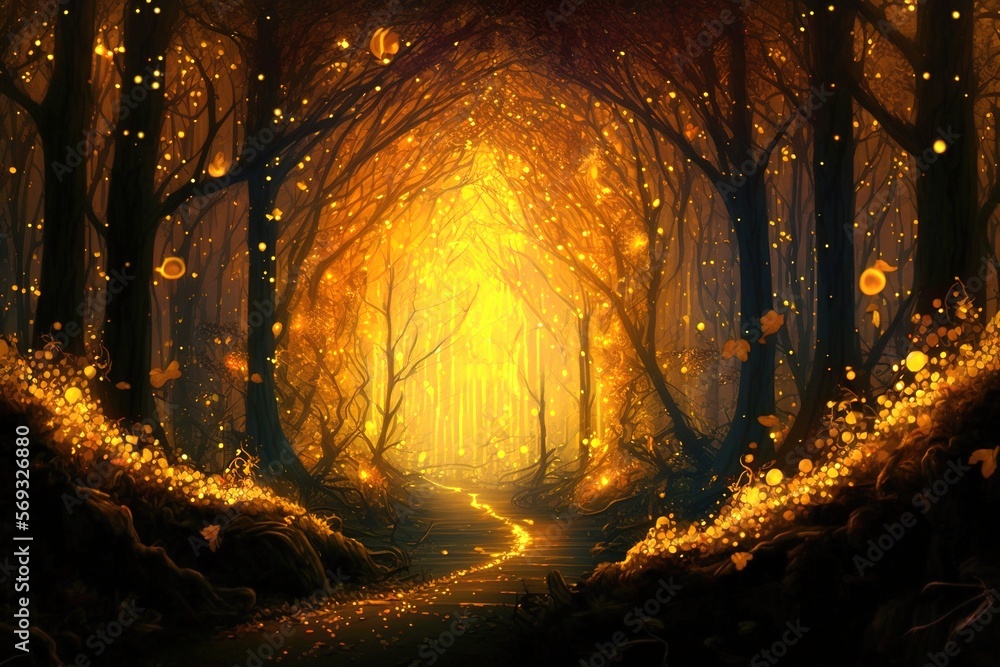 A gold shimmering forest with dark trees and golden sparkles ...