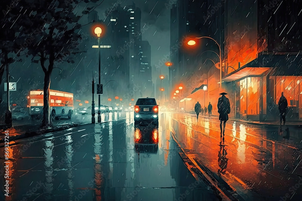 city scene in the night by rain created with Generative AI technology ...