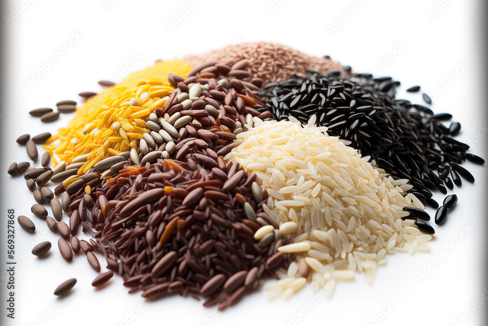 Set of diverse rice, including glutinous, black, basmati, brown, and ...